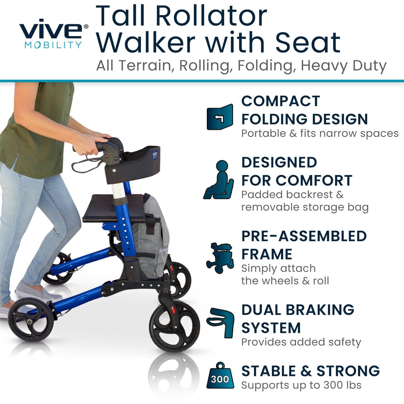 Vive Health Series T Adjustable Foldable Rollator — Mobility Queens